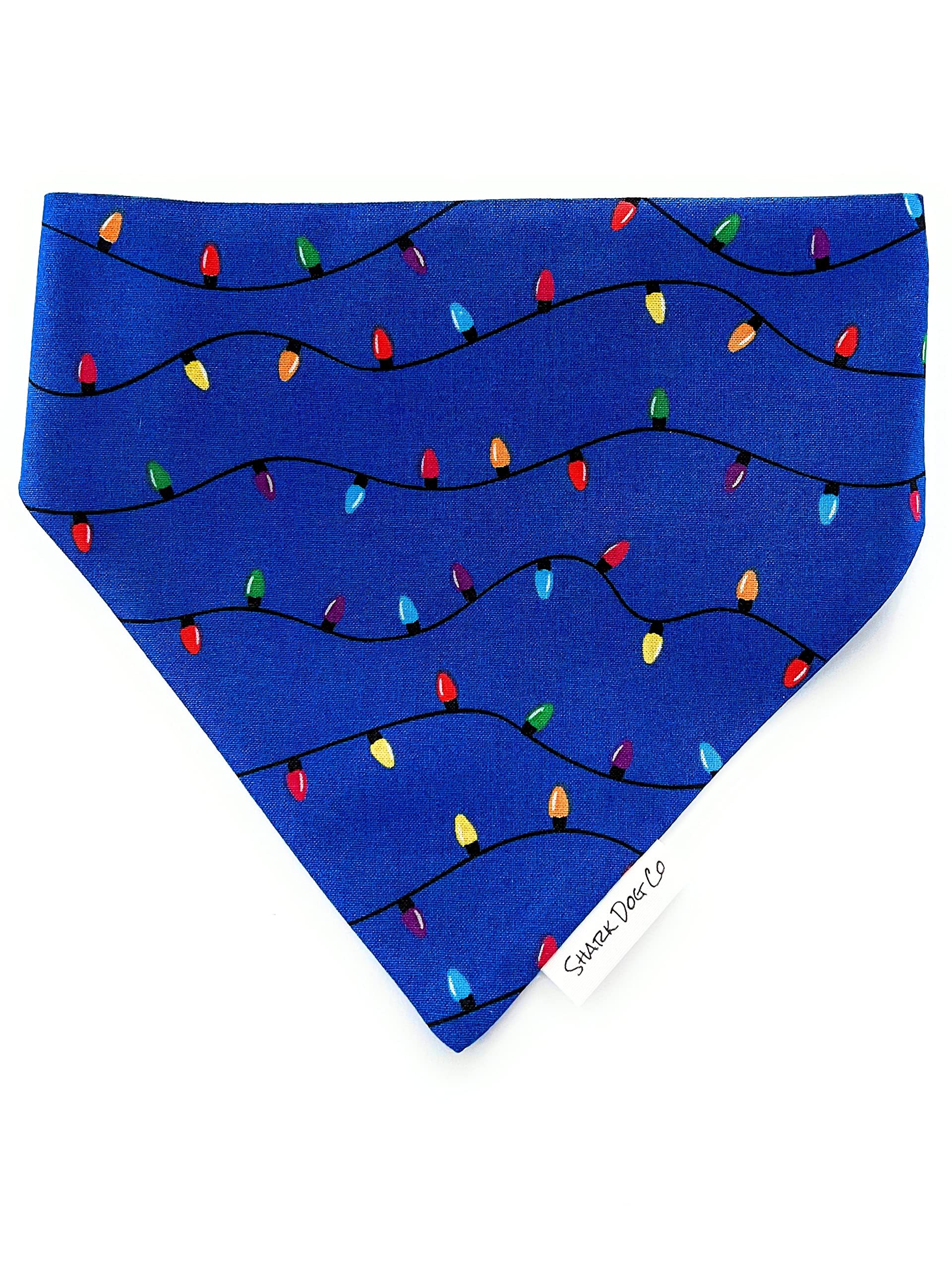 Shark Dog Co | String Lights on Blue | Christmas | Slip-on, Scrunchie Dog Bandana | No Tying or Collar Necessary | Machine Washable (S)