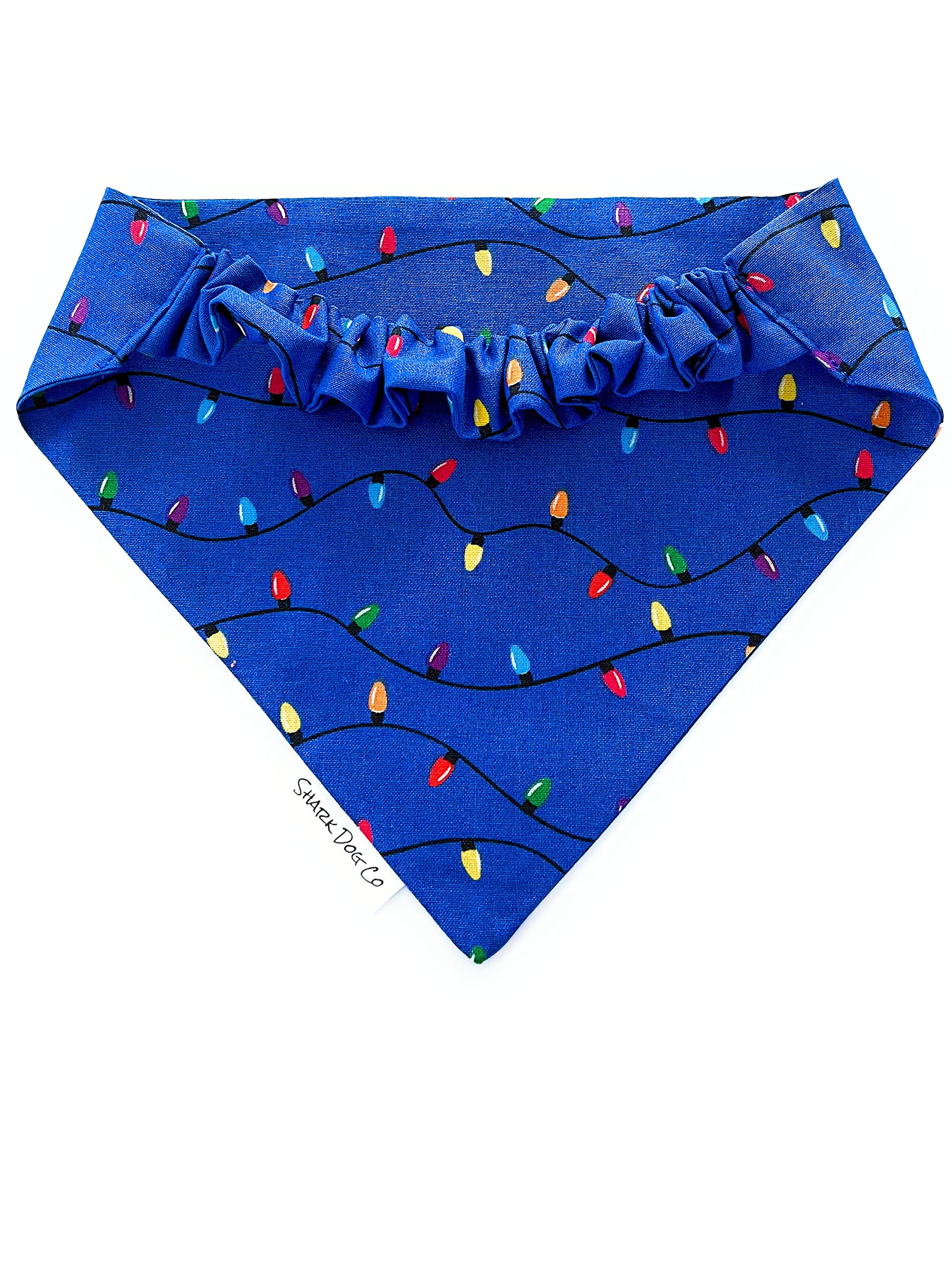 Shark Dog Co | String Lights on Blue | Christmas | Slip-on, Scrunchie Dog Bandana | No Tying or Collar Necessary | Machine Washable (S)