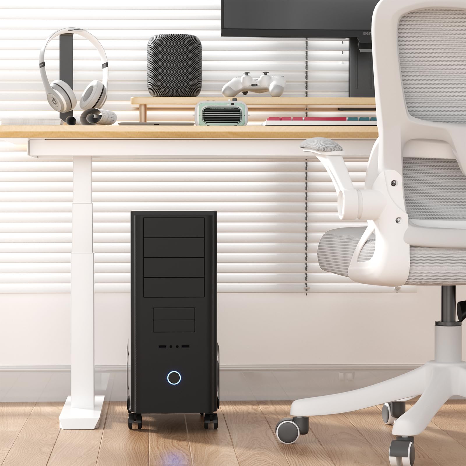 CPU Stand, Computer Tower Stand with 2 Locking Wheels and 2 Caster Wheels, UPC Steel Rolling Stand Computer Stand for Desktop Tower (Black)