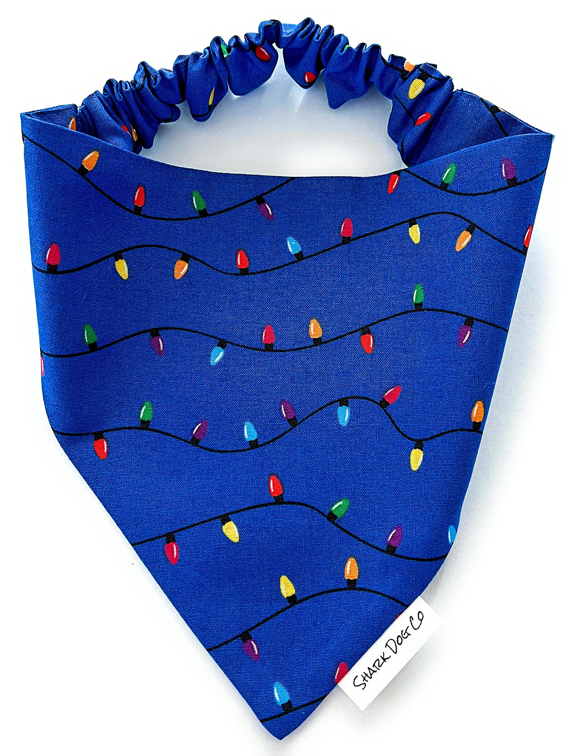 Shark Dog Co | String Lights on Blue | Christmas | Slip-on, Scrunchie Dog Bandana | No Tying or Collar Necessary | Machine Washable (S)