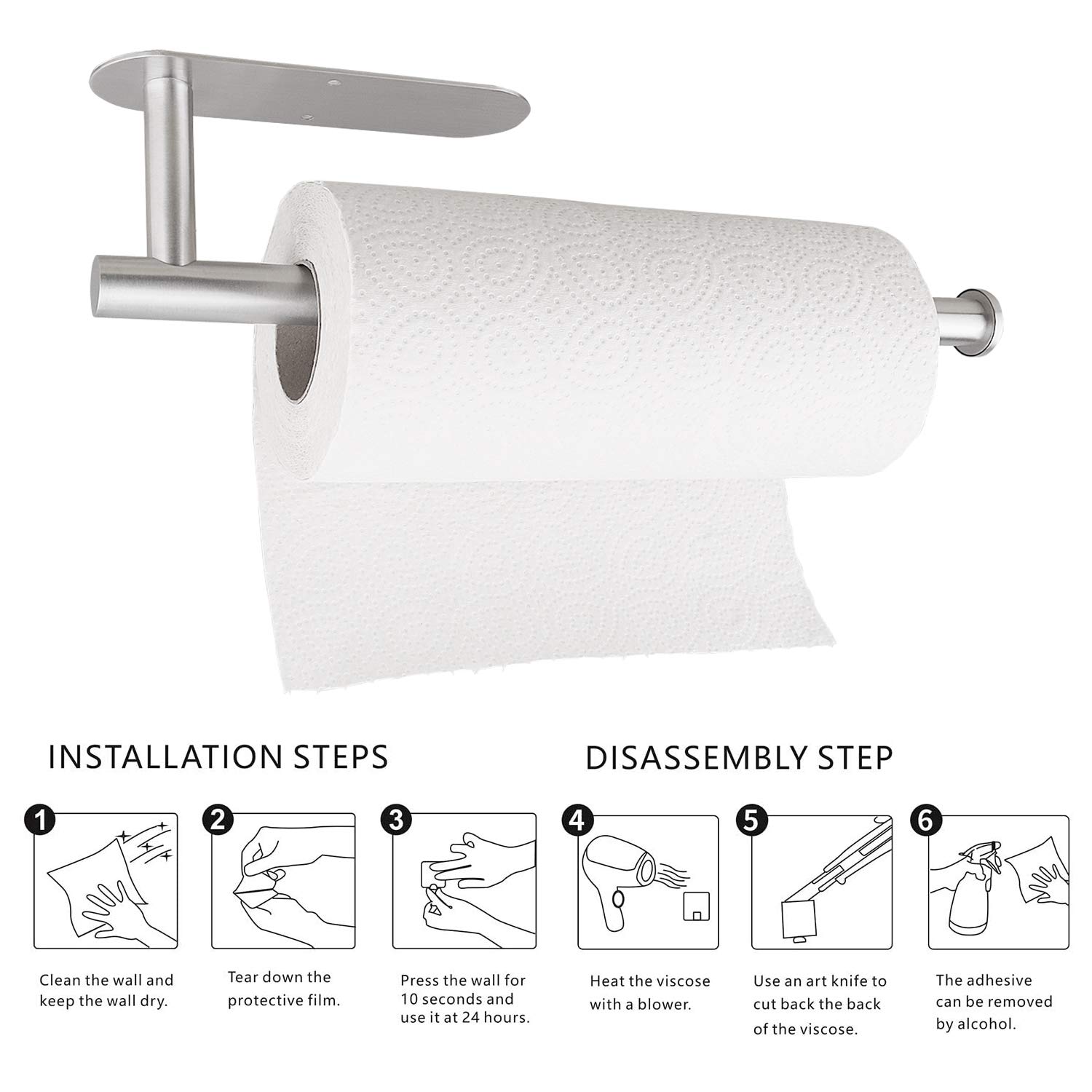 Paper Towel Holders,Paper Towels Rolls - for Kitchen,Paper Towels Bulk- Self-Adhesive Under Cabinet,Both Available in Adhesive and Screws,Stainless Steel Paper Towel Holder