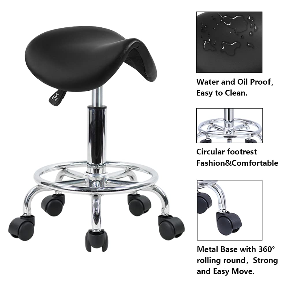 KKTONER Saddle Stool with Foot Rest PU Leather Swivel Adjustable Rolling Stool with Wheels Facial Salon Chair (Black)