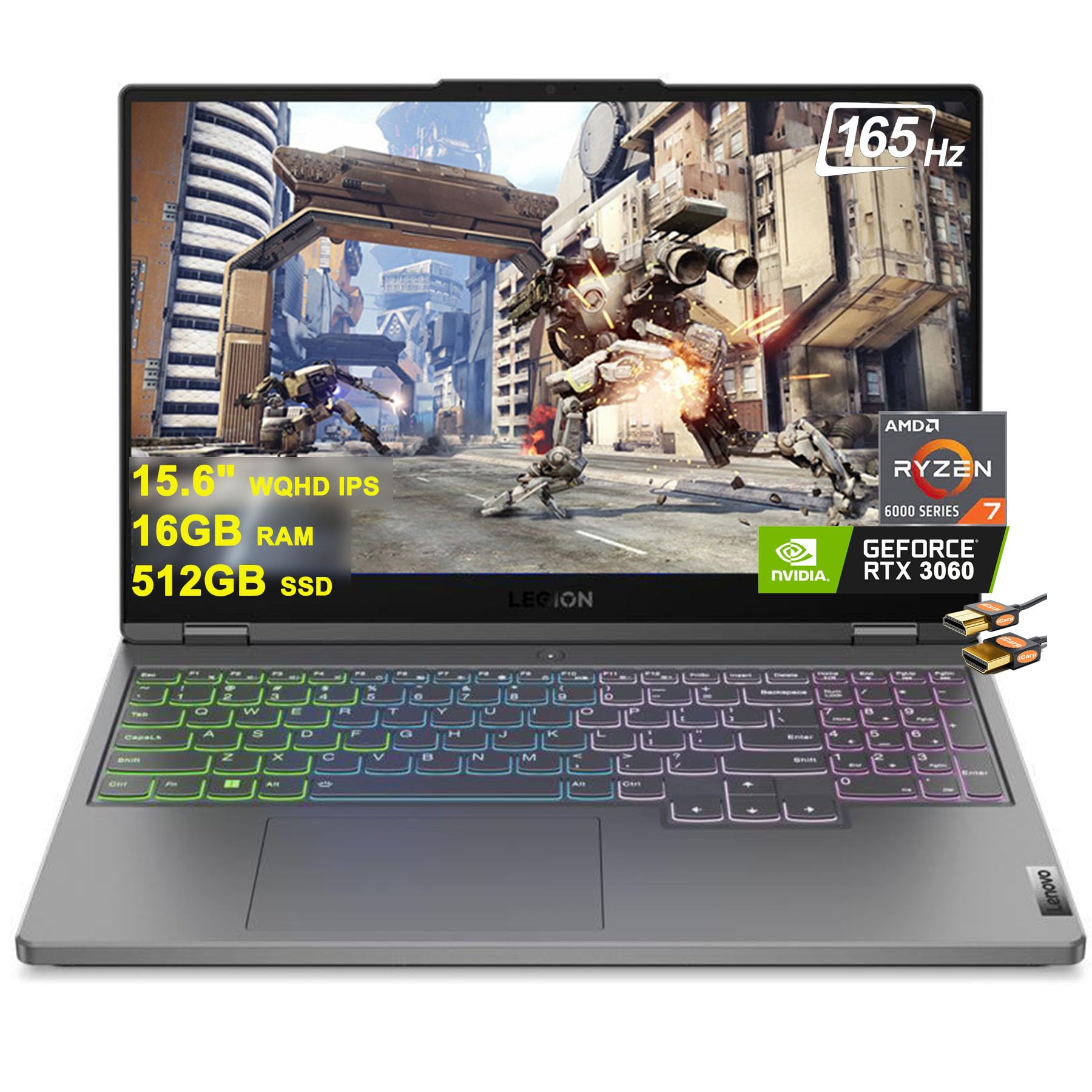 Lenovo Legion 5 15 Gaming Laptop 15.6" WQHD IPS 165Hz (100% sRGB) AMD Octa-ccore Ryzen 7 6800H 16GB RAM 512GB SSD GeForce RTX 3060 6GB USB-C RGB Backlit Win11