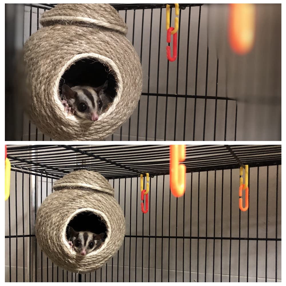 WCDJOMOP Sugar Glider House Natural Coconut Shell Hemp Rope Hut Hide Out Nest for Sugar Glider Hamster Squirrel Bird Parakeet,Cage Habitats Decor, Bird Cage Toy (Screw Fixed)