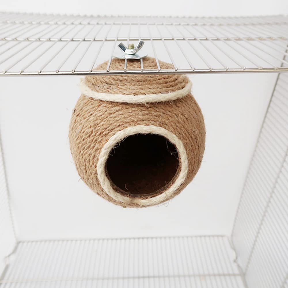 WCDJOMOP Sugar Glider House Natural Coconut Shell Hemp Rope Hut Hide Out Nest for Sugar Glider Hamster Squirrel Bird Parakeet,Cage Habitats Decor, Bird Cage Toy (Screw Fixed)