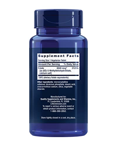 Life Extension High Potency Optimized Folate, 8500 mcg - L-Methylfolate For Brain & Heart Health - Active Form of 5-MTHF Supplement - Gluten-Free, Non-GMO, Vegetarian - 30 Count