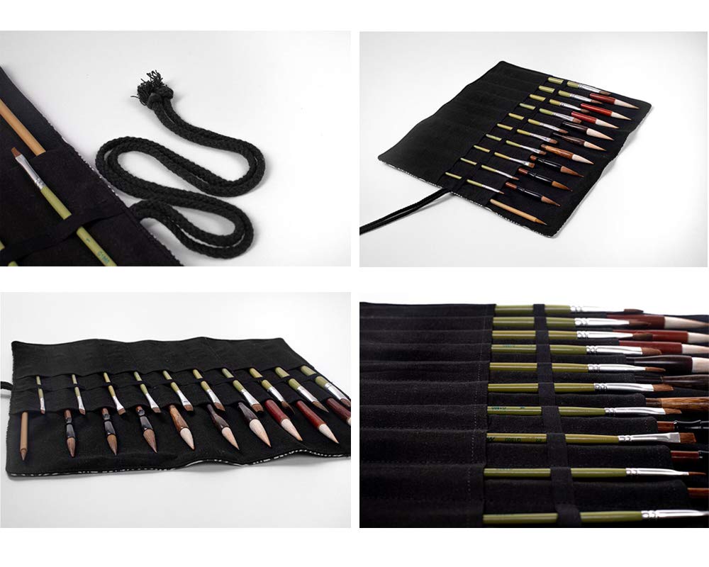 Canvas Roll Up Paint Brush Holder 20-Slot Artist Roll Makeup Brushes Case Pouch Bag Organizer Lightweight (Black)