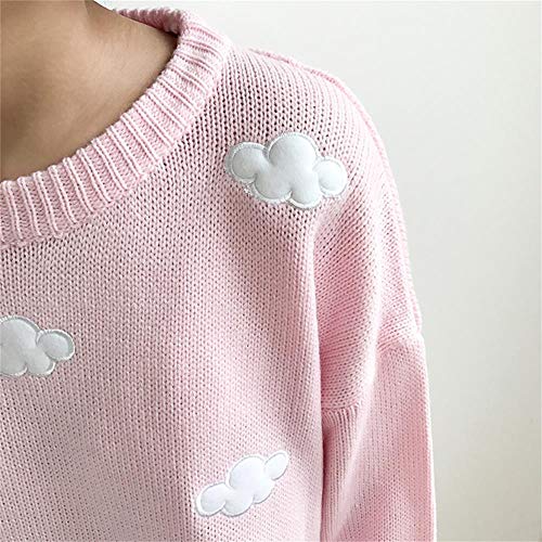 Women Kawaii Ulzzang Thick Vintage College Loose Sweater Female Sweet Cute Clouds Embroidery Knitted Kawaii Casual Pullover Pink