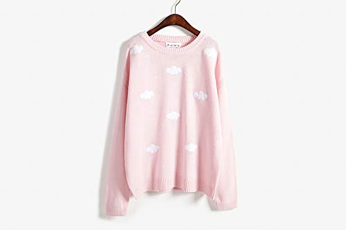 Women Kawaii Ulzzang Thick Vintage College Loose Sweater Female Sweet Cute Clouds Embroidery Knitted Kawaii Casual Pullover Pink
