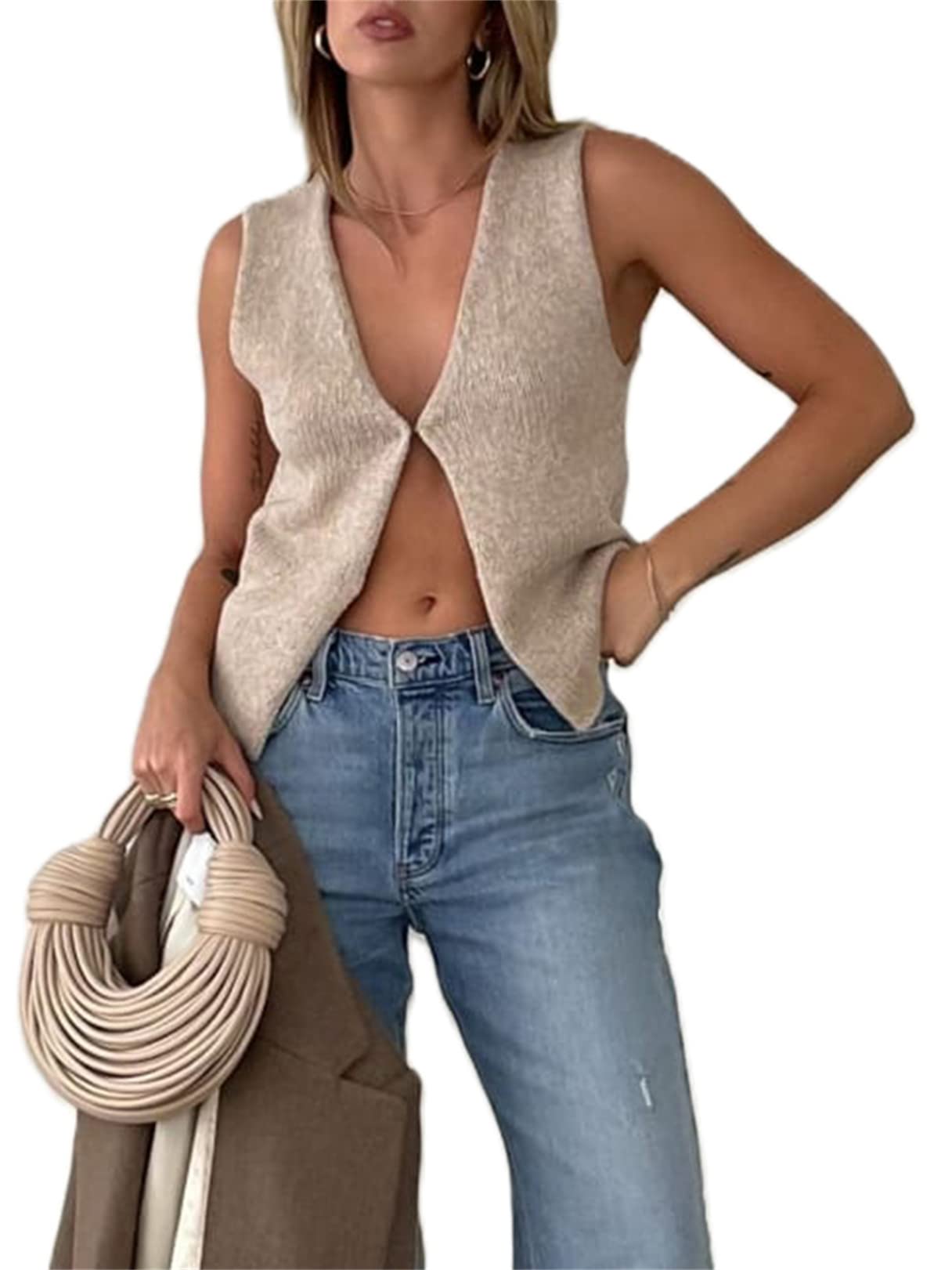 Women Crochet Knit Vest Solid Hollow Out Button Down V Neck Sleeveless Crop Tops Vintage Casual Versatile Streetwear
