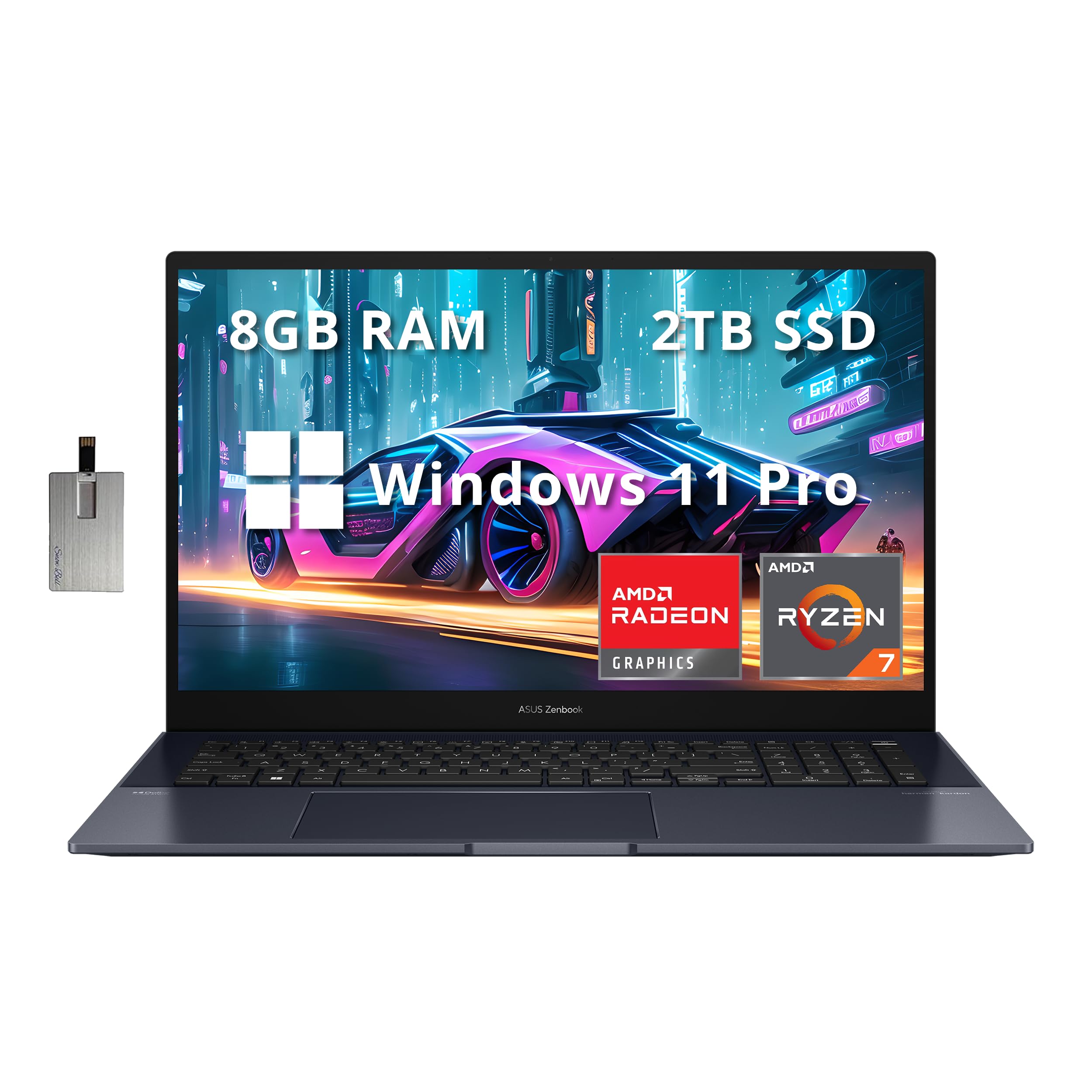 ASUS Zenbook Pro 17 Laptop, 17.3" Pantone Validated Display, AMD Ryzen 7 6800H, 8GB LPDDR5, 2TB PCIe SSD, Backlit Keyboard, WiFi 6E, Fingerprint, Win11 Pro, Tech Black, 32GB Hotface USB Card