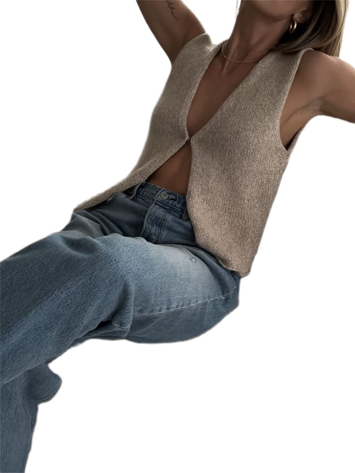 Women Crochet Knit Vest Solid Hollow Out Button Down V Neck Sleeveless Crop Tops Vintage Casual Versatile Streetwear