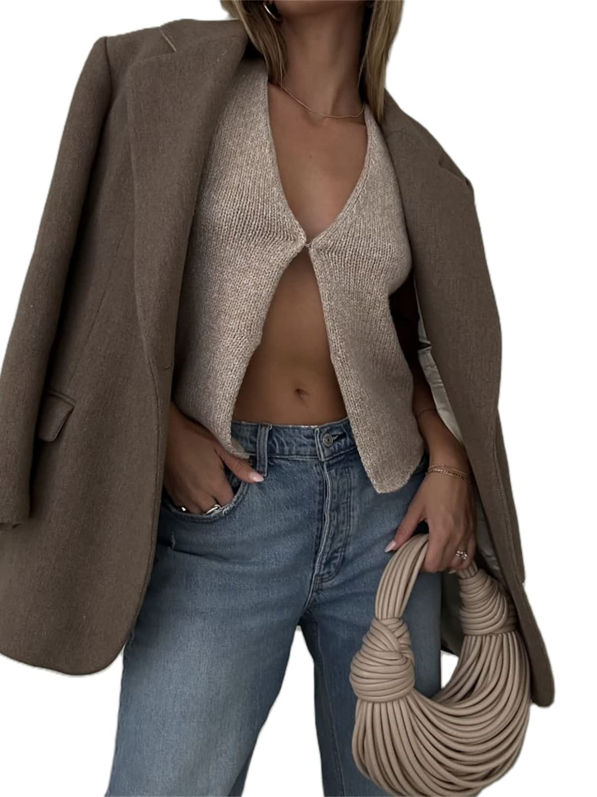 Women Crochet Knit Vest Solid Hollow Out Button Down V Neck Sleeveless Crop Tops Vintage Casual Versatile Streetwear