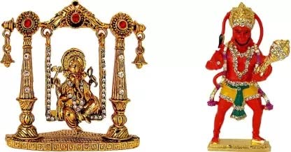 Metal Lord Ganesha On Swing Jhula Statue God Ganesh Lord Hanuman Bajrang Bali for Car Dashboard & Gift Decorative Showpiece 7 cm Pack of 2 Pcs