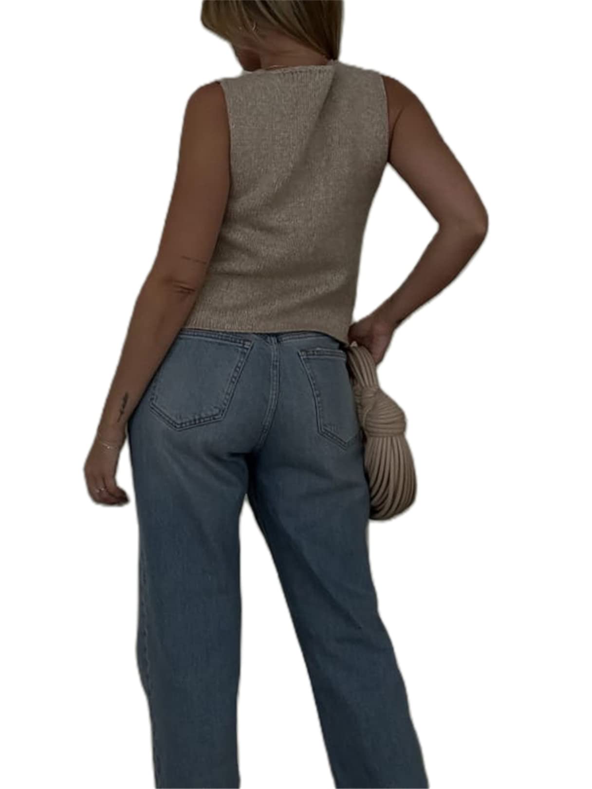 Women Crochet Knit Vest Solid Hollow Out Button Down V Neck Sleeveless Crop Tops Vintage Casual Versatile Streetwear