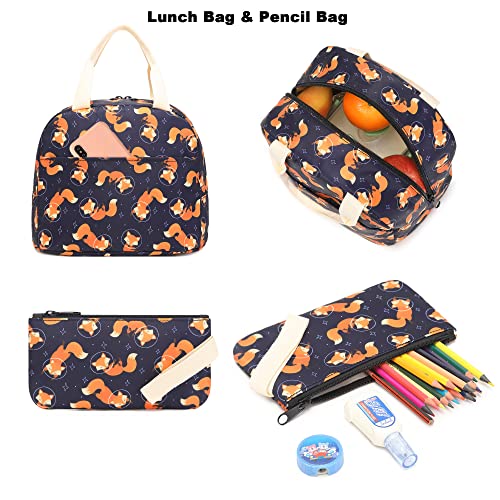 Xunteny Fox Girls School Backpack for Kids Teens, Elementary Middle School Backpacks Bookbag Set with Lunch Bag Pencil Case