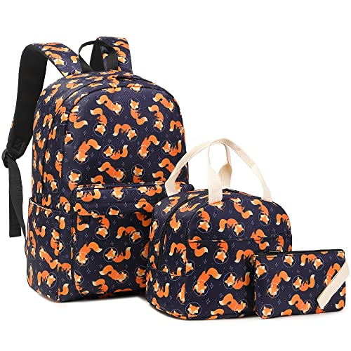 Xunteny Fox Girls School Backpack for Kids Teens, Elementary Middle School Backpacks Bookbag Set with Lunch Bag Pencil Case