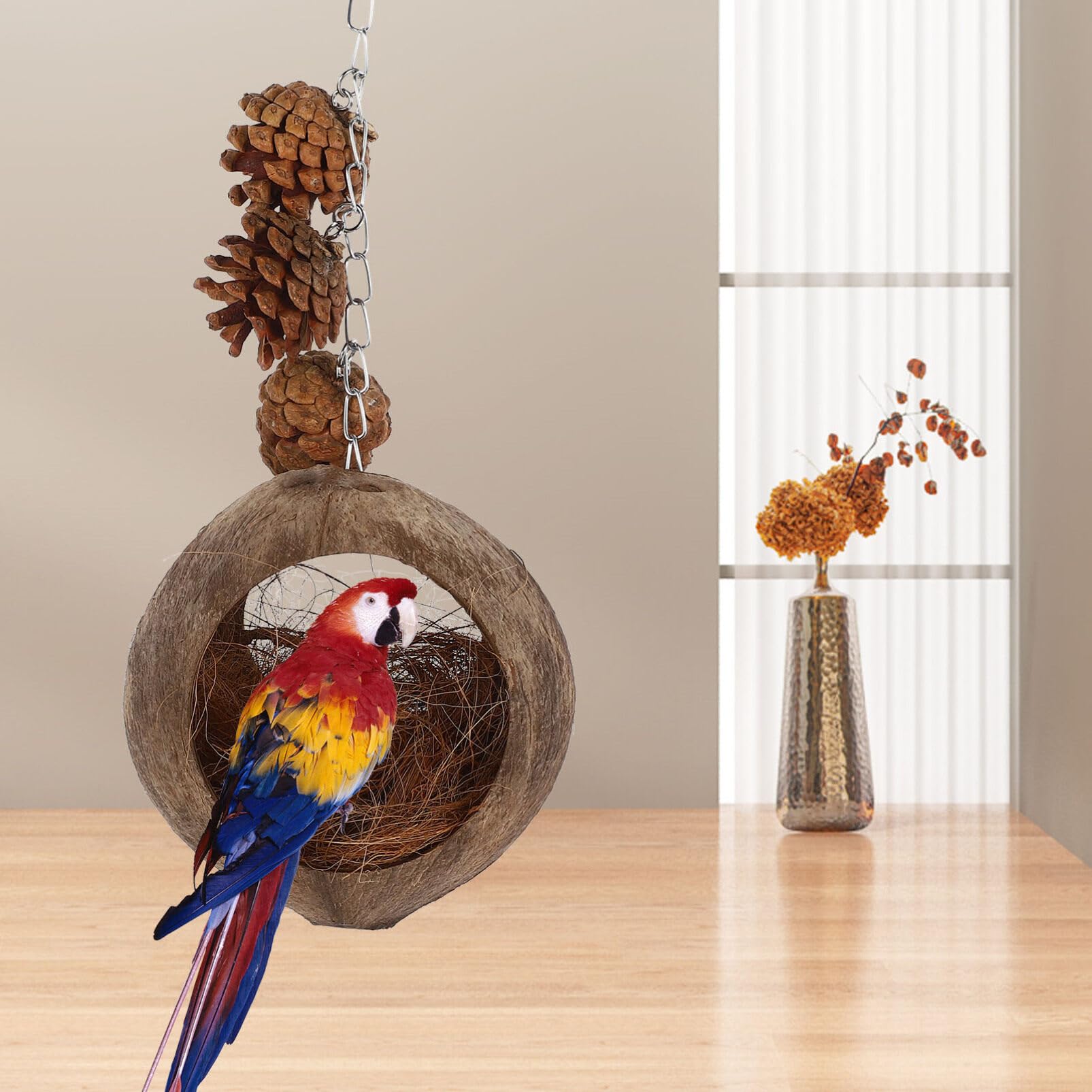 POPETPOP Coconut Bird Nest Natural Coconut Shell Hideaway Hanging Bird House Parrots Hide Hut Habitats Cage Accessory for Pet Budgies Parakeet Lovebird Finch Canary