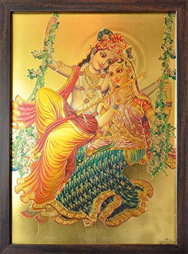Handicraft Store OFS- Lord Krishna & Radha Enjoying jhula and Radha Playing Flute, A Elegant, Decorative, Religious Picture Poster with Frame, Must for Office/Home and Religious Purpose