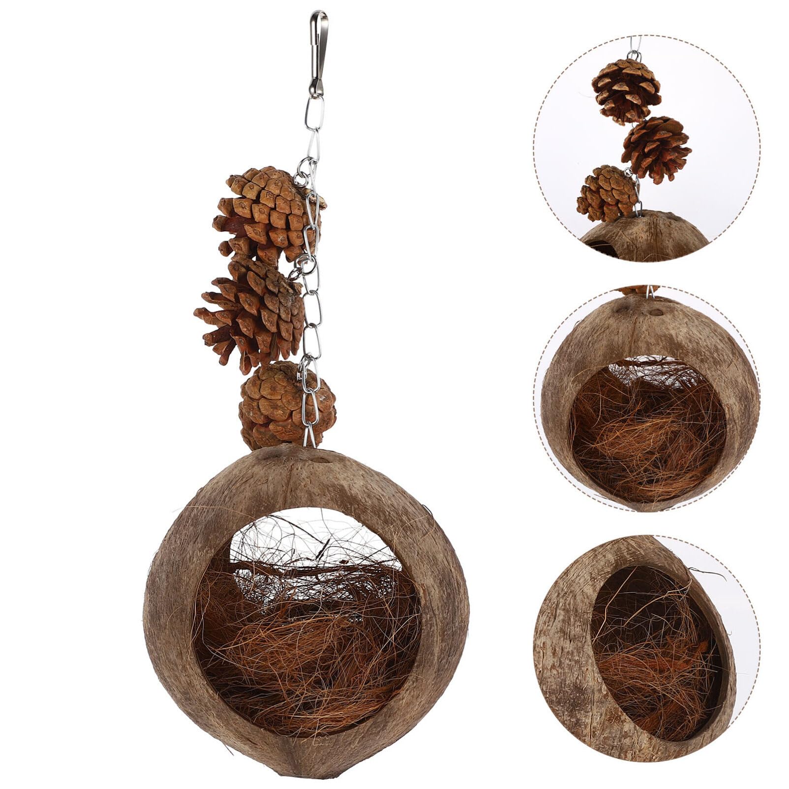 POPETPOP Coconut Bird Nest Natural Coconut Shell Hideaway Hanging Bird House Parrots Hide Hut Habitats Cage Accessory for Pet Budgies Parakeet Lovebird Finch Canary