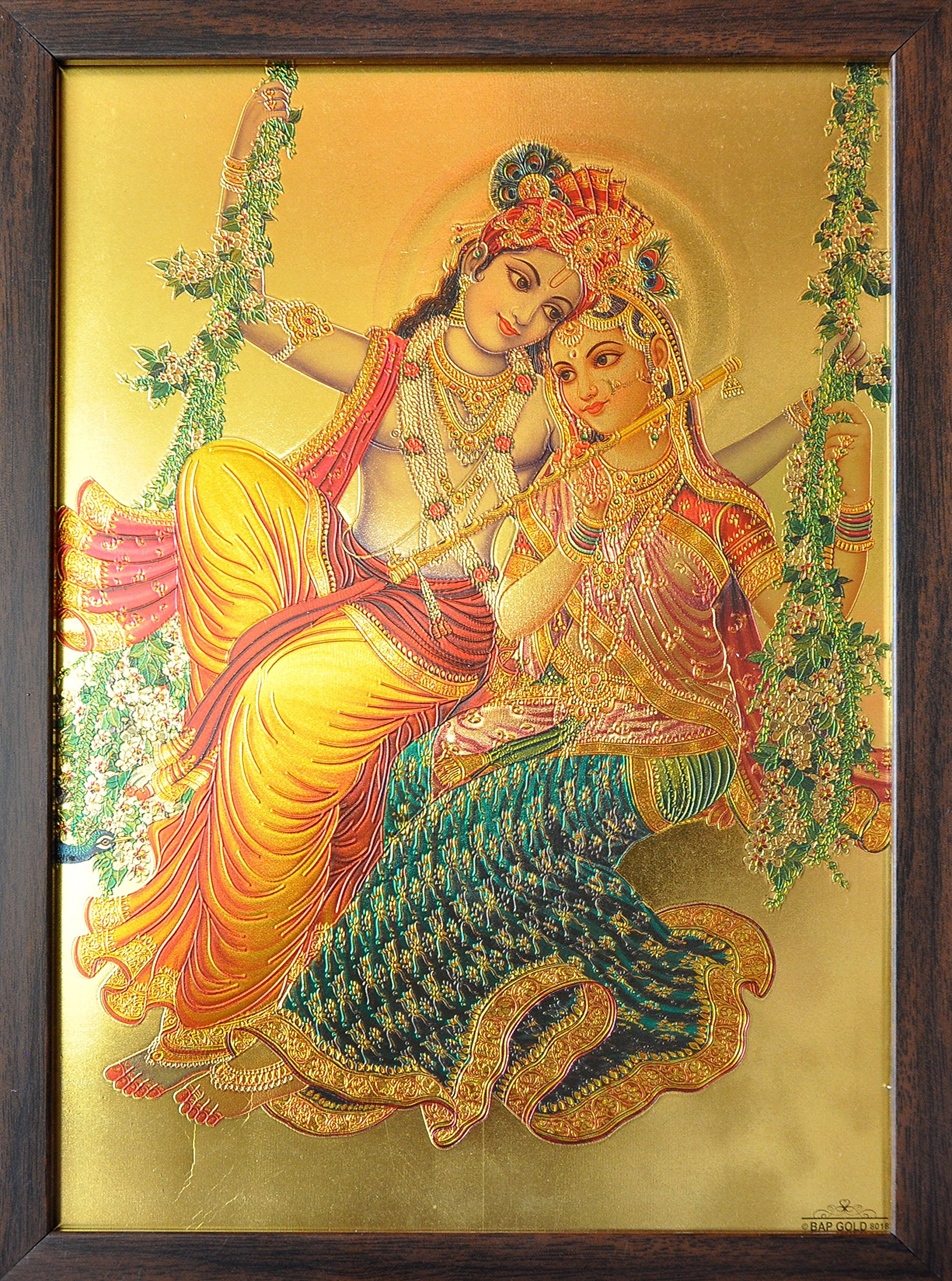 Handicraft Store OFS- Lord Krishna & Radha Enjoying jhula and Radha Playing Flute, A Elegant, Decorative, Religious Picture Poster with Frame, Must for Office/Home and Religious Purpose