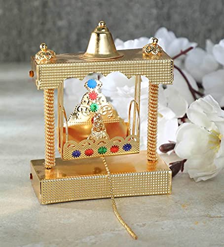Balgopal / Laddu gopal in swing jhula/Krishna Jhula palna for Temple,Pooja Room, Decor Your Home,Office 10 cm (Cast Ironn, Gold)