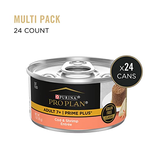Purina Pro Plan Grain Free Senior Wet Cat Food Pate, SENIOR Prime Plus Cod & Shrimp Entree - (24) 3 oz. Pull-Top Cans