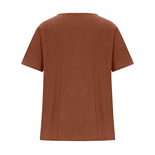 Summer Women Cotton Linen T-Shirt Casual Floral Pattern Blouses Tops Short Sleeve Crewneck Loose Tunic Comfy Soft Tees Coffee