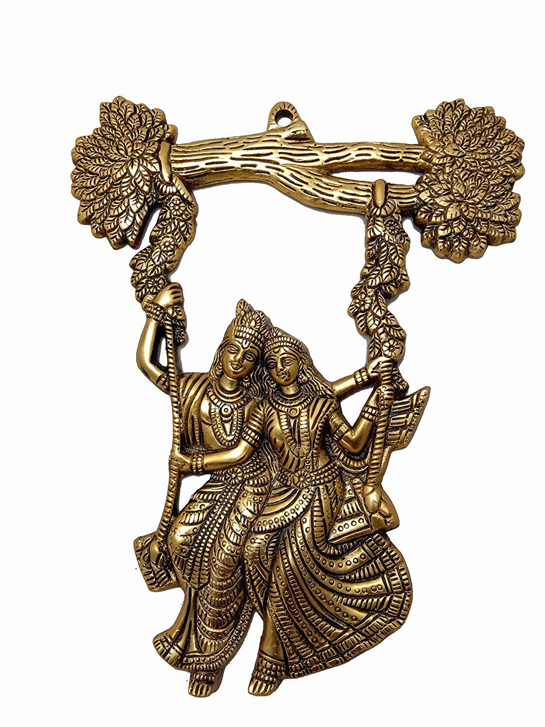 Wall Hanging Metal Radha Krishna Jhula Idol Statue (13 Inches Height, Golden)