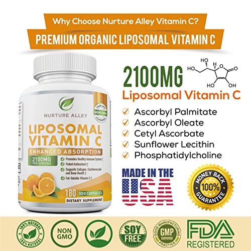 Nurture Alley Liposomal Vitamin C 2100mg- 180 Capsules High Absorption Ascorbic Acid - Supports Immune System and Collagen Booster - Powerful Antioxidant High Dose Fat Soluble Supplement