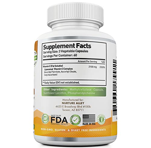 Nurture Alley Liposomal Vitamin C 2100mg- 180 Capsules High Absorption Ascorbic Acid - Supports Immune System and Collagen Booster - Powerful Antioxidant High Dose Fat Soluble Supplement