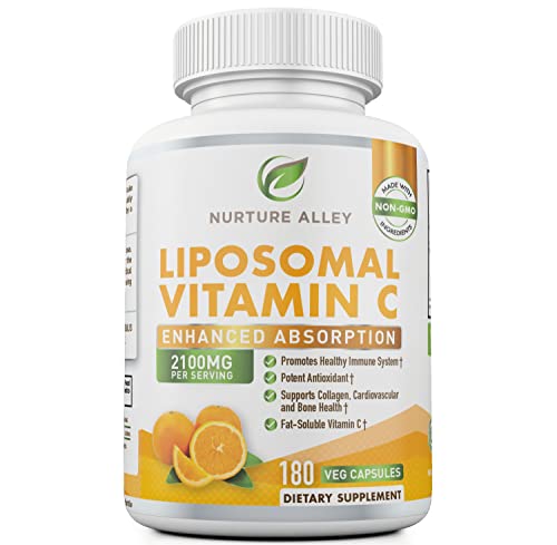 Nurture Alley Liposomal Vitamin C 2100mg- 180 Capsules High Absorption Ascorbic Acid - Supports Immune System and Collagen Booster - Powerful Antioxidant High Dose Fat Soluble Supplement