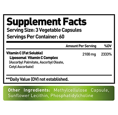 Nurture Alley Liposomal Vitamin C 2100mg- 180 Capsules High Absorption Ascorbic Acid - Supports Immune System and Collagen Booster - Powerful Antioxidant High Dose Fat Soluble Supplement