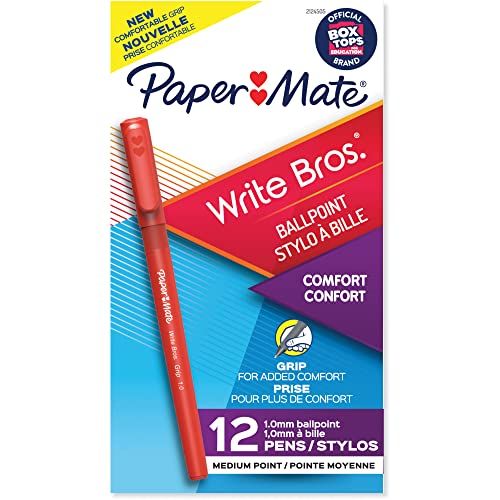 Paper MateÂŽ Write Bros Grip Ballpoint Pens, Medium Point, 1.0 mm, Red Barrel, Red Ink, Pack Of 12 Pens