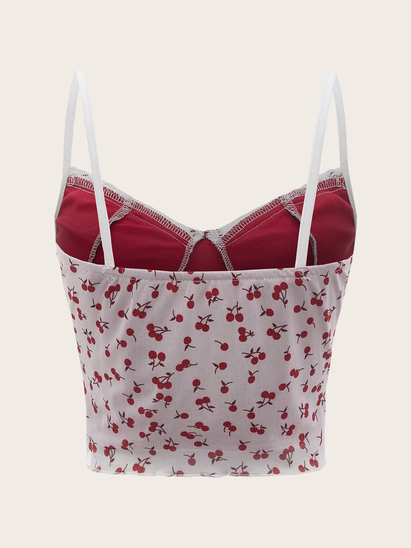 SOLY HUX Women's Cherry Print V Neck Summer Cami Top Bow Lace Trim Sleeveless Summer Crop Tops Red and White L