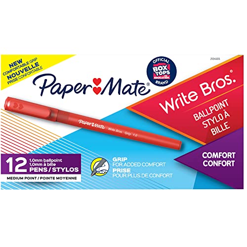 Paper Mate® Write Bros Grip Ballpoint Pens, Medium Point, 1.0 mm, Red Barrel, Red Ink, Pack Of 12 Pens