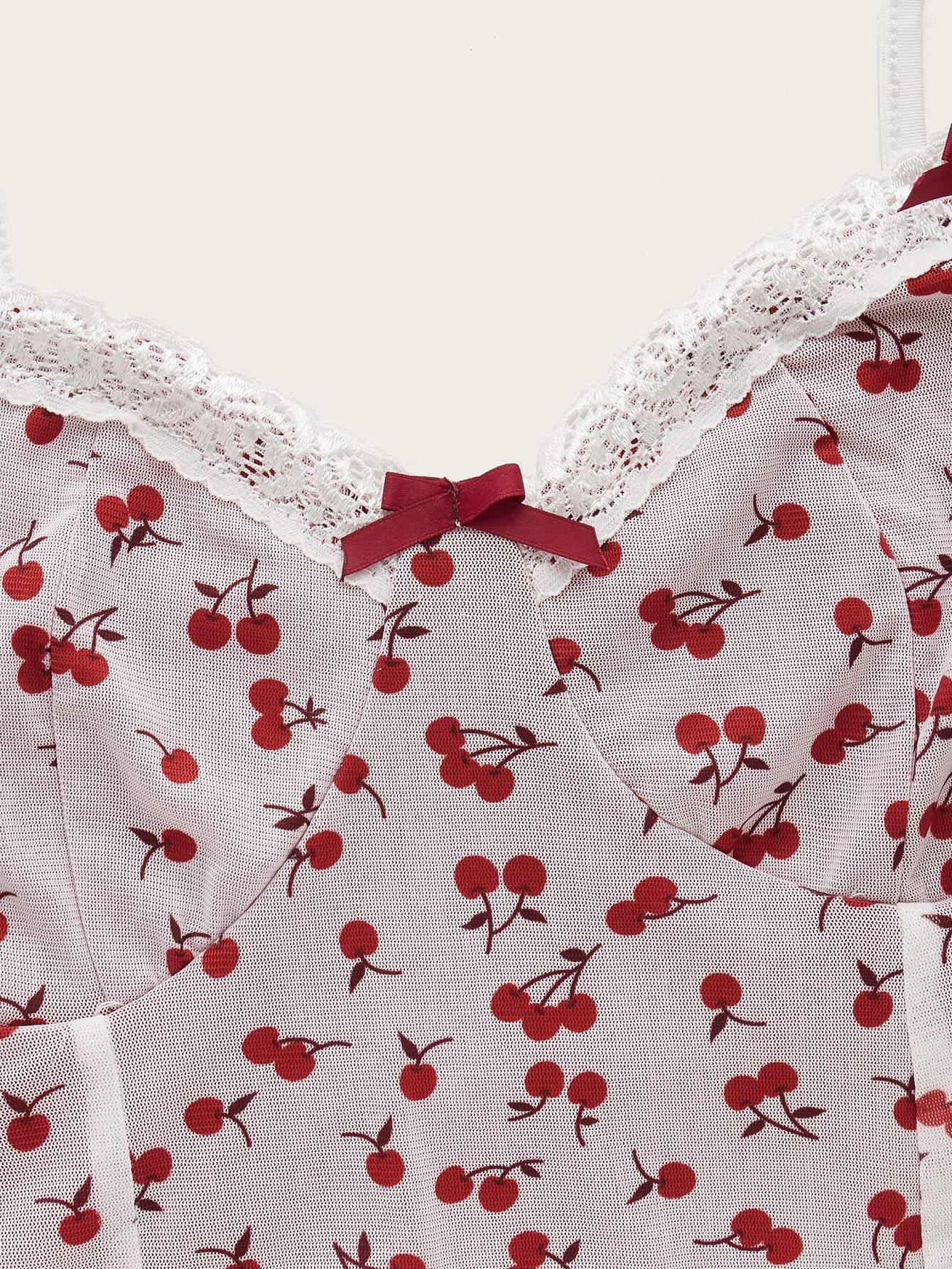 SOLY HUX Women's Cherry Print V Neck Summer Cami Top Bow Lace Trim Sleeveless Summer Crop Tops Red and White L