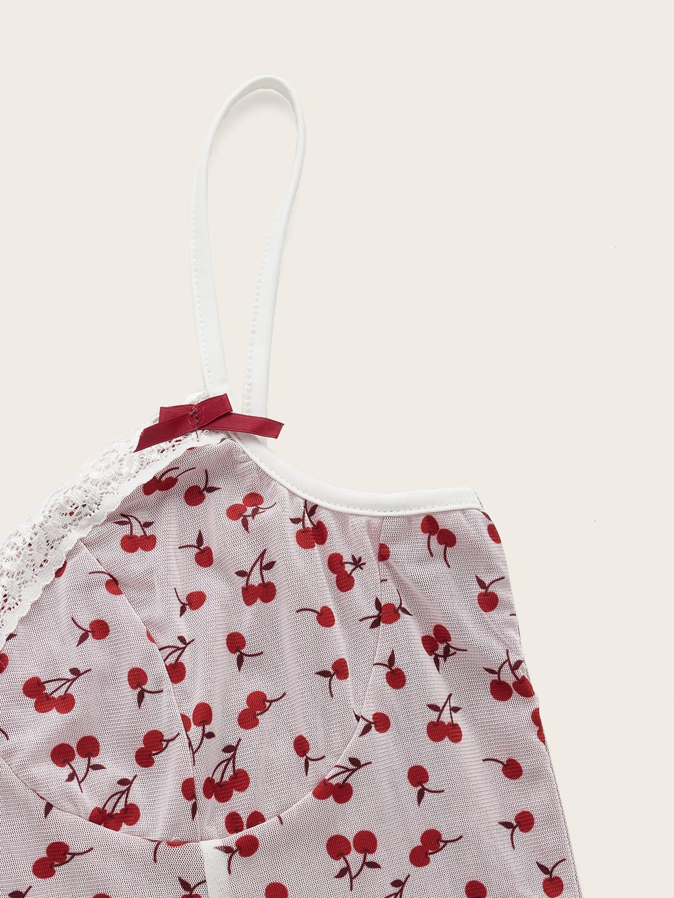 SOLY HUX Women's Cherry Print V Neck Summer Cami Top Bow Lace Trim Sleeveless Summer Crop Tops Red and White L
