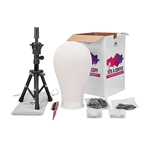23 Inch Wig Head,Wig Stand Tripod with Head,Canvas Wig Head,Mannequin Head for Wigs,Manikin Canvas Head Block Set for Wigs Making Display with Wig caps,T Pins Set Bristle Brush