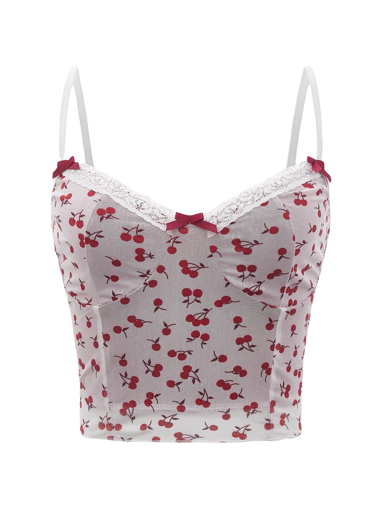 SOLY HUX Women's Cherry Print V Neck Summer Cami Top Bow Lace Trim Sleeveless Summer Crop Tops Red and White L