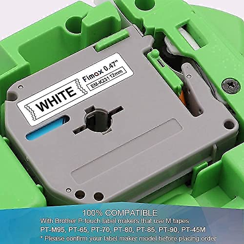 Fimax Compatible Label Tape Replacement for Brother P-Touch M Tape M231 MK231 MK-231 12mm 0.47 Inch to use with Brother P-Touch PT-M95, PT-90, PT-70, PT-65, PT-85, Black on White, 26.2 Feet, 7-Pack