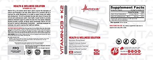 Metabolic Nutrition Vitamin D3 + K2, Bone and Heart Health Formula, Immune Support, 90 Veggie Caps Max Dose