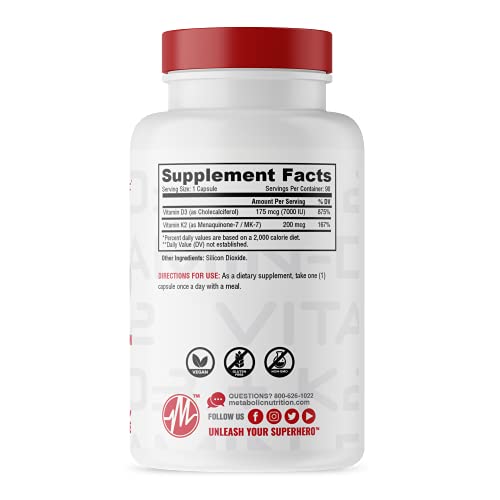Metabolic Nutrition Vitamin D3 + K2, Bone and Heart Health Formula, Immune Support, 90 Veggie Caps Max Dose
