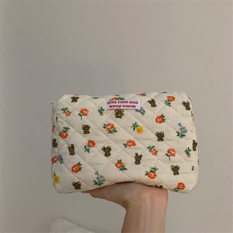 Donloise Kawaii Makeup Bag Cosmetic Case Cute Floral Storage Organizer with Handle Aesthetic Cartoon Zipper Toiletry Bag (Large)