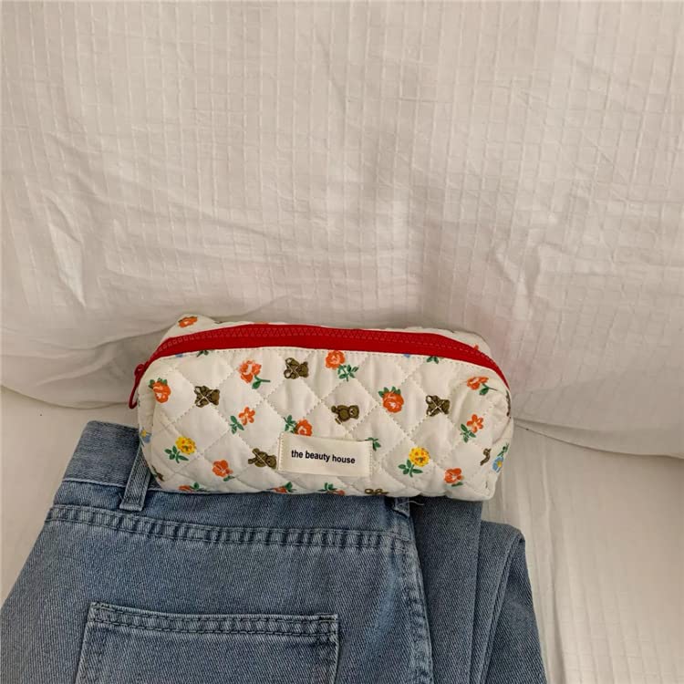 Donloise Kawaii Makeup Bag Cosmetic Case Cute Floral Storage Organizer with Handle Aesthetic Cartoon Zipper Toiletry Bag (Large)