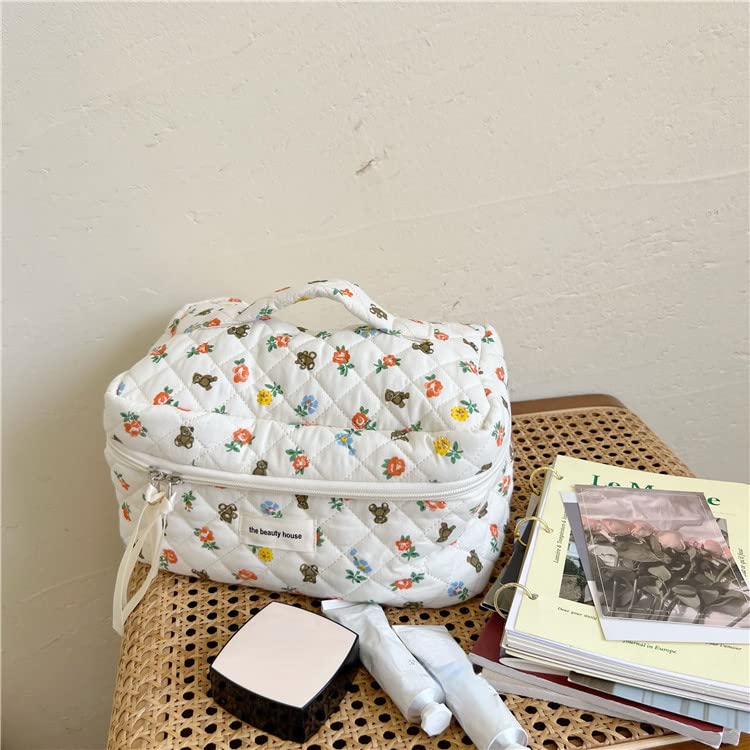 Donloise Kawaii Makeup Bag Cosmetic Case Cute Floral Storage Organizer with Handle Aesthetic Cartoon Zipper Toiletry Bag (Large)