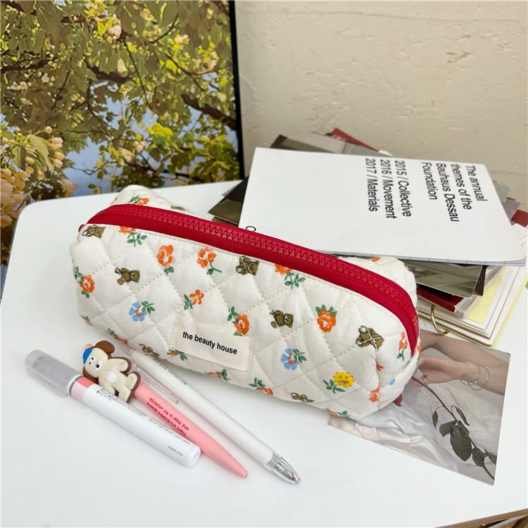 Donloise Kawaii Makeup Bag Cosmetic Case Cute Floral Storage Organizer with Handle Aesthetic Cartoon Zipper Toiletry Bag (Large)