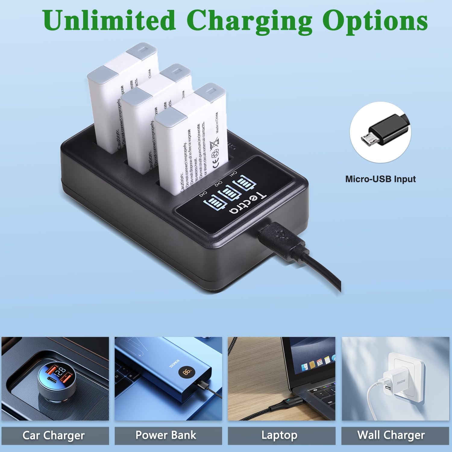 Tectra Dual NB-13L Battery & LED 3-Slot Charger for Canon Powershot G7 X, G5 X, G9 X, SX620 & SX720