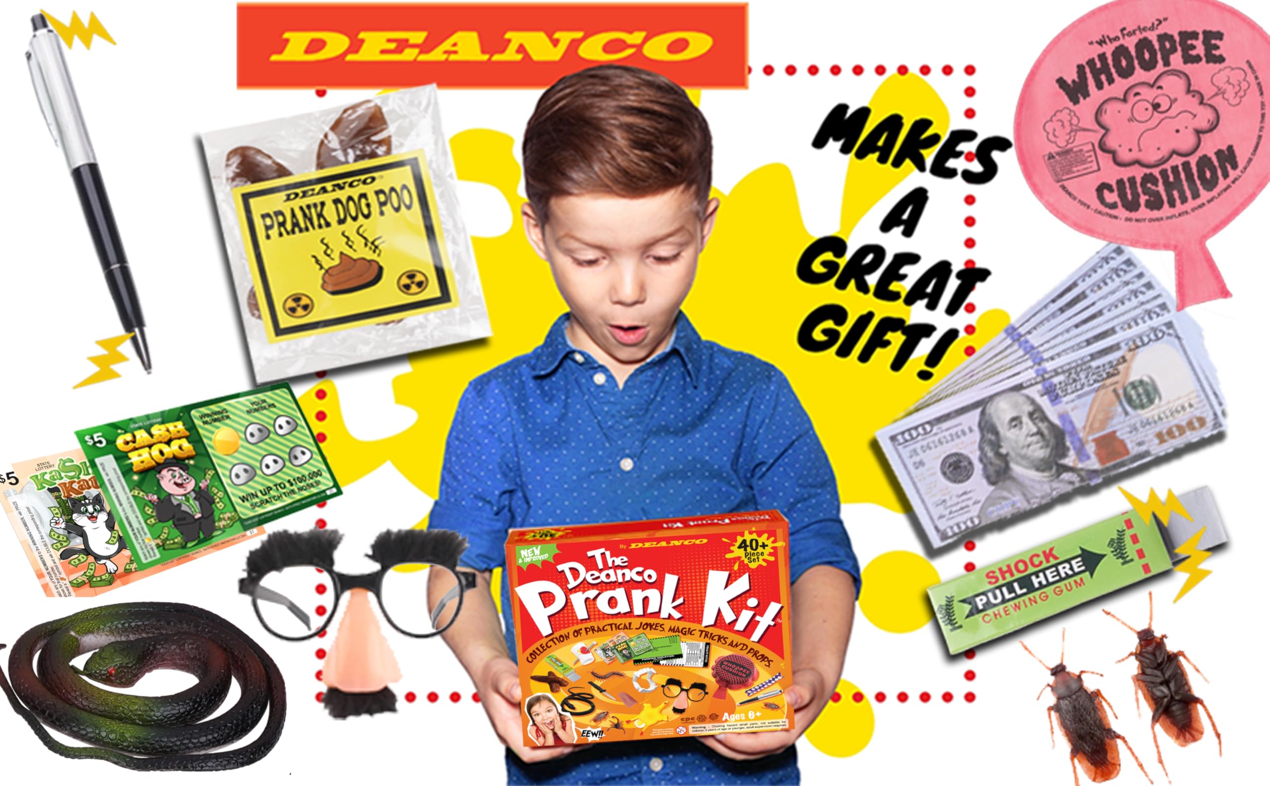 DEANCO Prank Kit-Joke Box-Ultimate Gift Set-Practical Jokes-Party Favors -40 pcs - Boys Toys Age 8-10 - April Fools Pranks