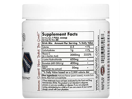 Sufficient-C High Dose Non-GMO Vitamin C Lemon Peach Immune-Ade Drink Mix, Convenient 125 Grams - with L-lysine, Bromelain and a Premium 96% Pure Green Tea Extract - immune, thyroid and collagen support for healthy skin - UTI, acne, cold and canker sore,